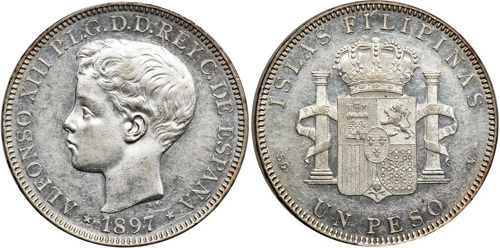 1 Peso 1897 Philippines Silver Alfonso XIII of Spain (1886 - 1941 ...