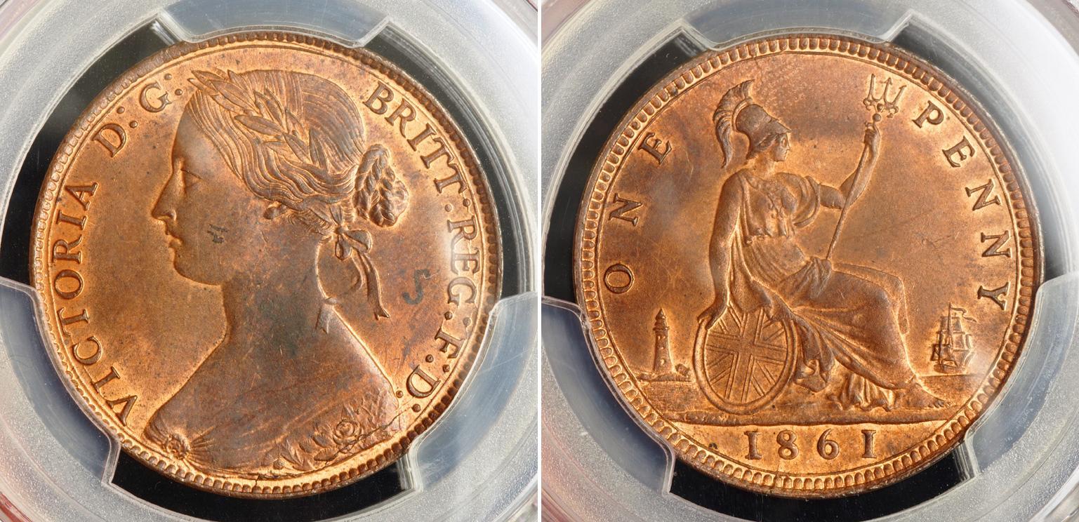 1861, Great Britain, Queen Victoria. Copper Penny ...