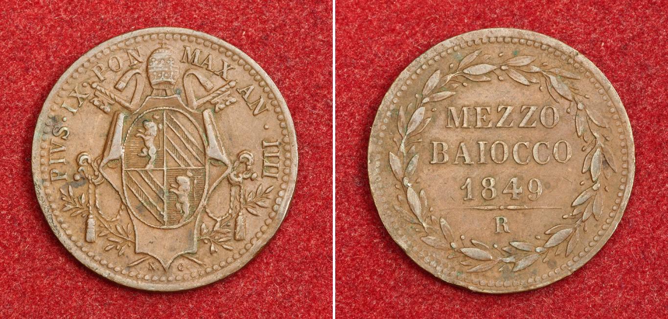 1849, Vatican, Pope Pius IX. Nice Copper ½ Baiocco ...
