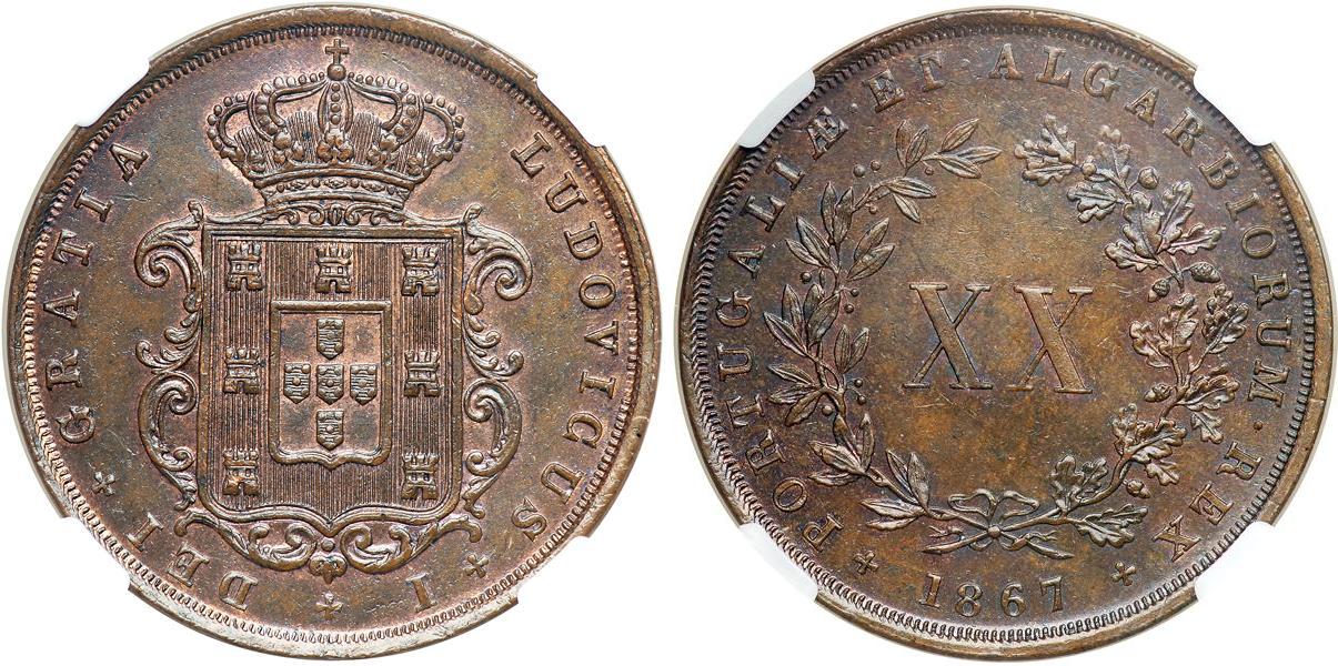 20 Reis 1867,1870,1871,1873,1874 Kingdom of Portugal (1139-1910) Copper ...
